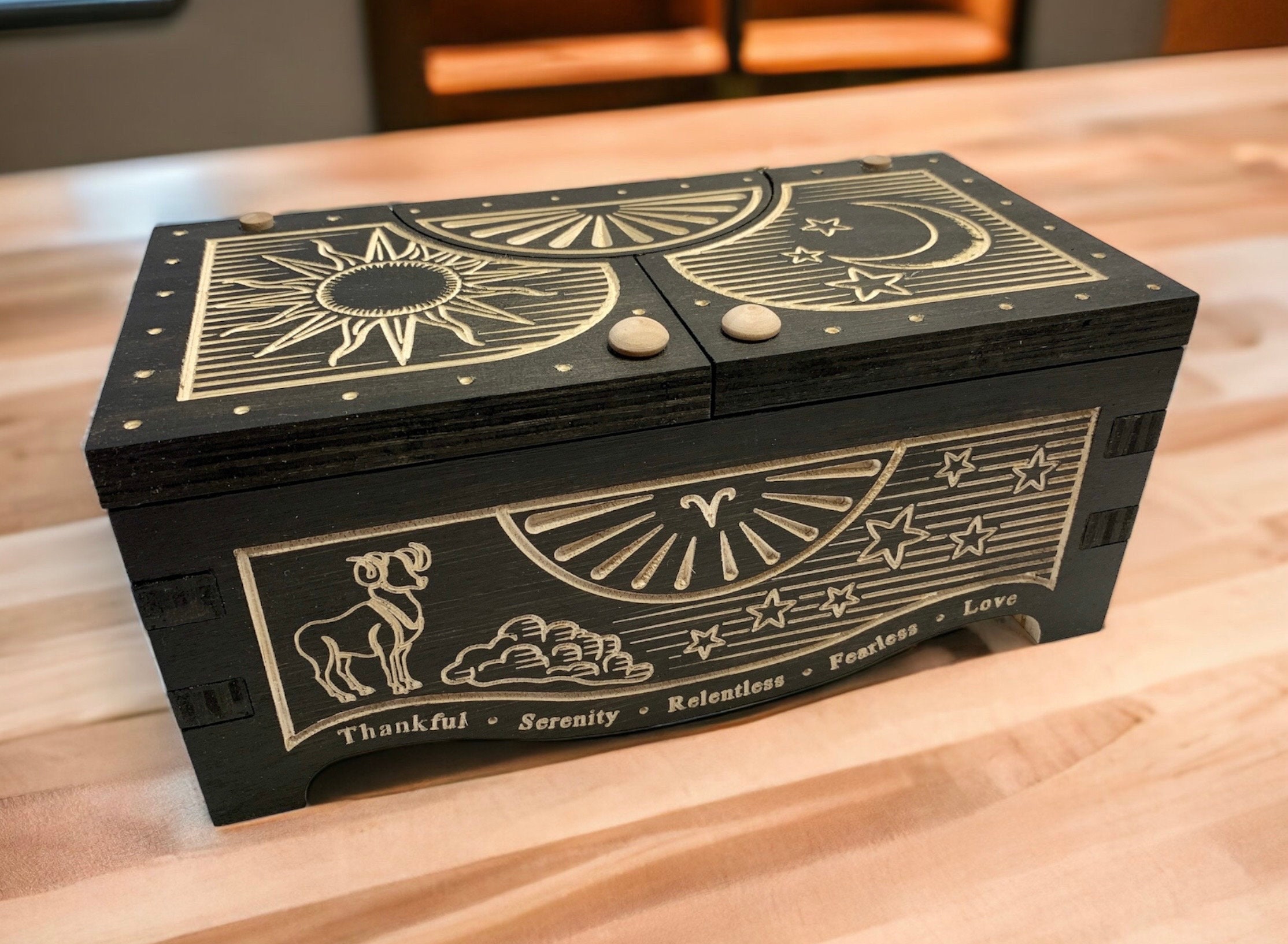 Zodiac Moon & Stars Horoscope Lunar Engraved Wood Jewelry Valet Box W ...
