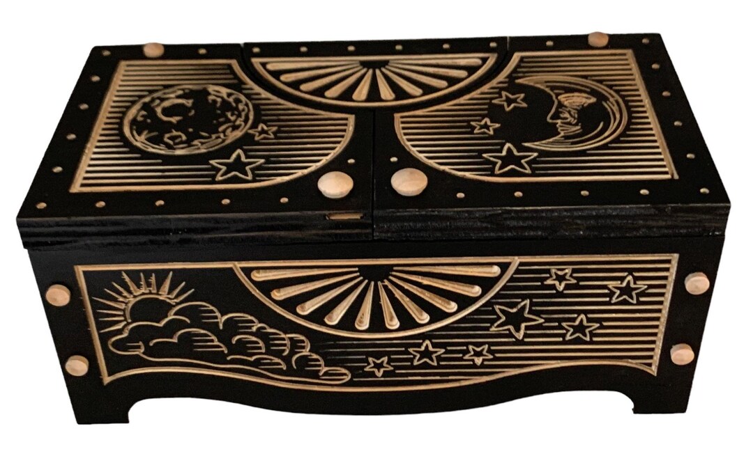 Moon & Stars Lunar Engraved Wood Jewelry Valet Box With Pivoting Lids ...
