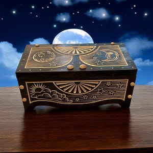 Moon & Stars Lunar Engraved Wood Jewelry Valet Box With Pivoting Lids ...
