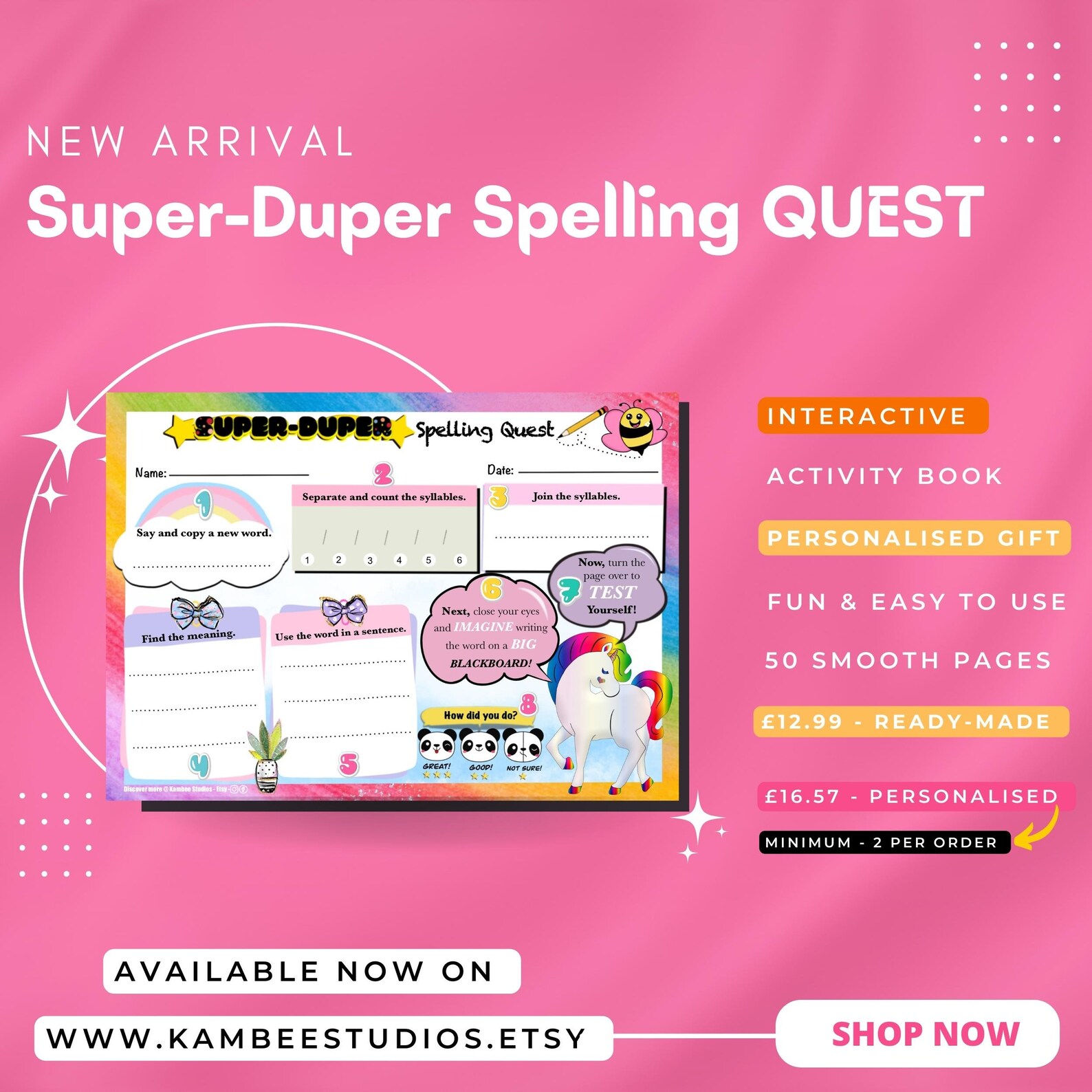 Super-duper SPELLING QUEST PERSONALISED Gift Spelling Pad Activity Book ...