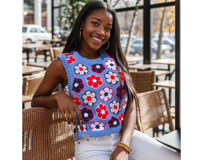Blue Daisy Crochet Vests, Knitted Festival Vest, Granny Square Boho Top ...