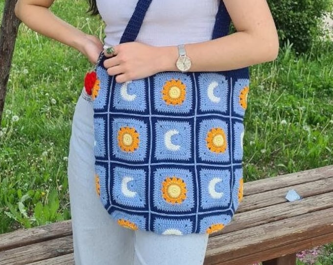 Blue Crochet Bag, Sun and Moon Crochet Bags, Shoulder Handknit Bag ...