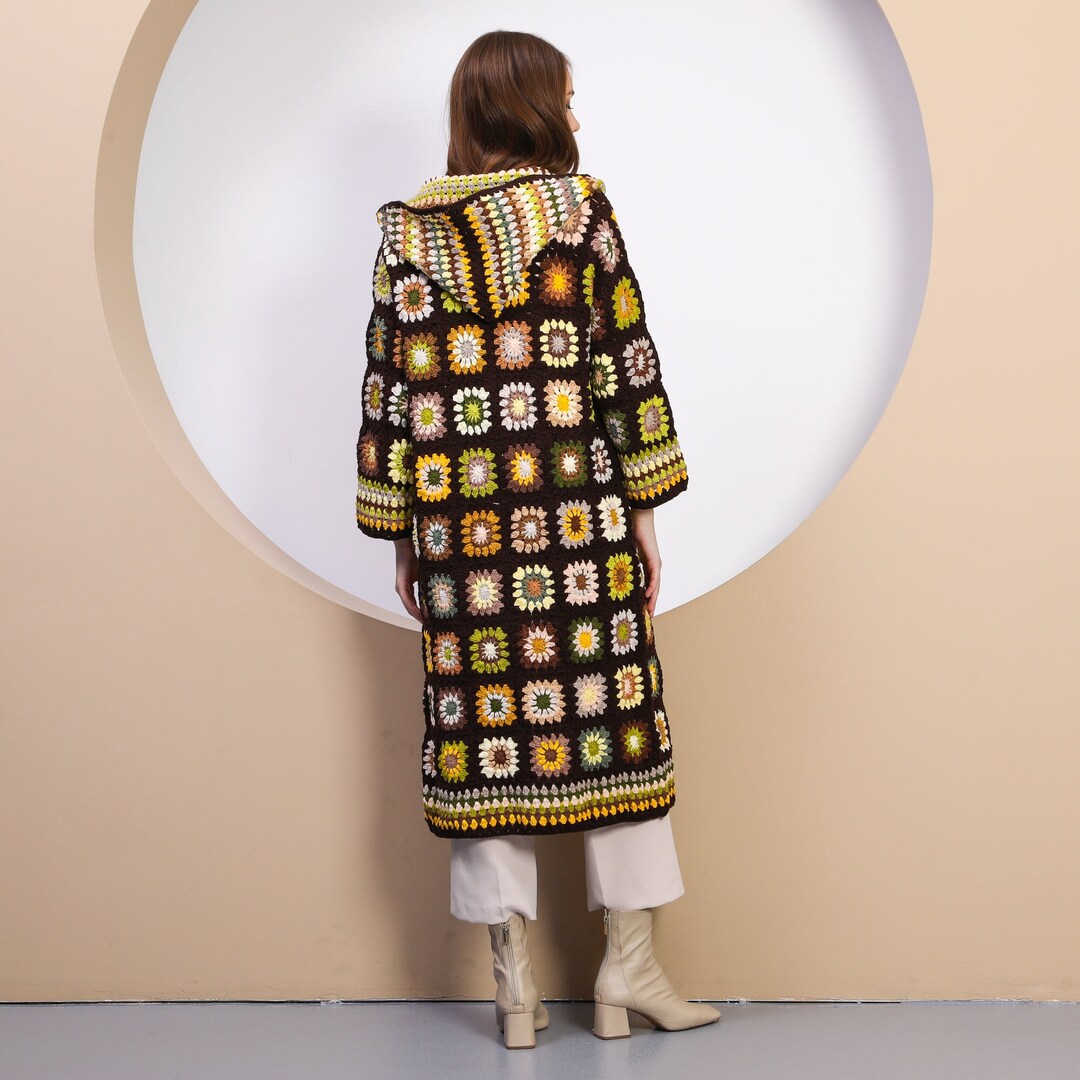 Brown Crochet Cardigan, Crochet Cardigan Women, Granny Square Knit Coat ...