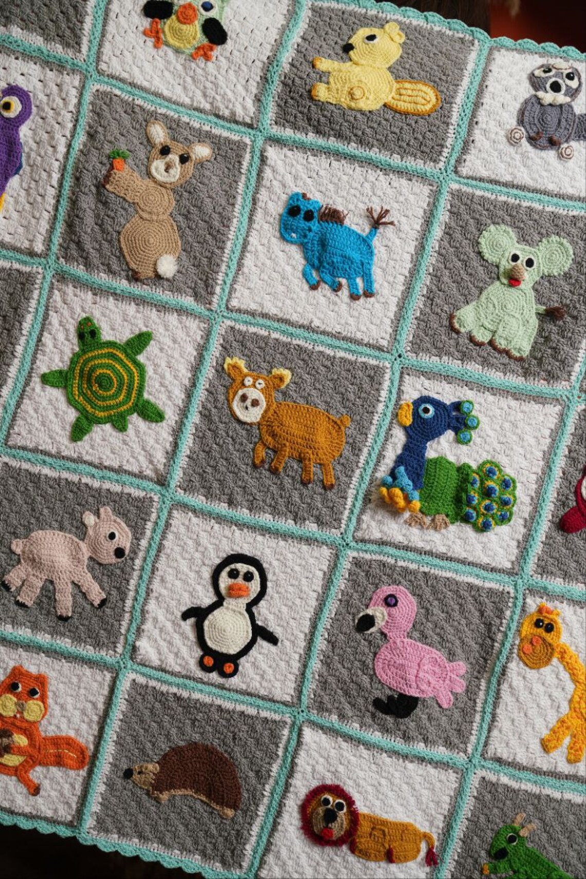 Knitted Animal Baby Blanket, Knit Animals Motif Blanket, Colorful Knit ...
