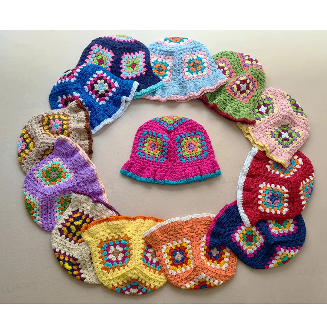 Granny Square Crochet Bucket Hat, Knitted Beanie, Colorful Hippi Hat ...