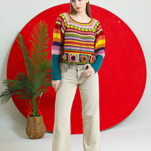 Colorful Daisy Knit Sweater, Crochet Floral Sweater, Crochet Flowers ...