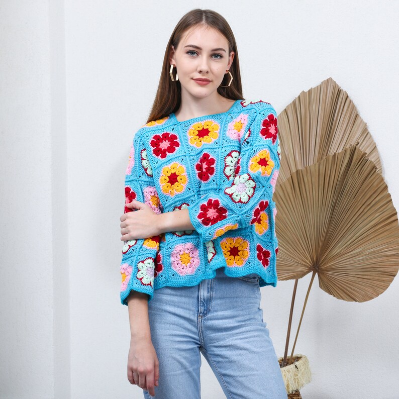 White Crochet African Flower Sweater, Crochet Daisy Top, Knit Granny ...