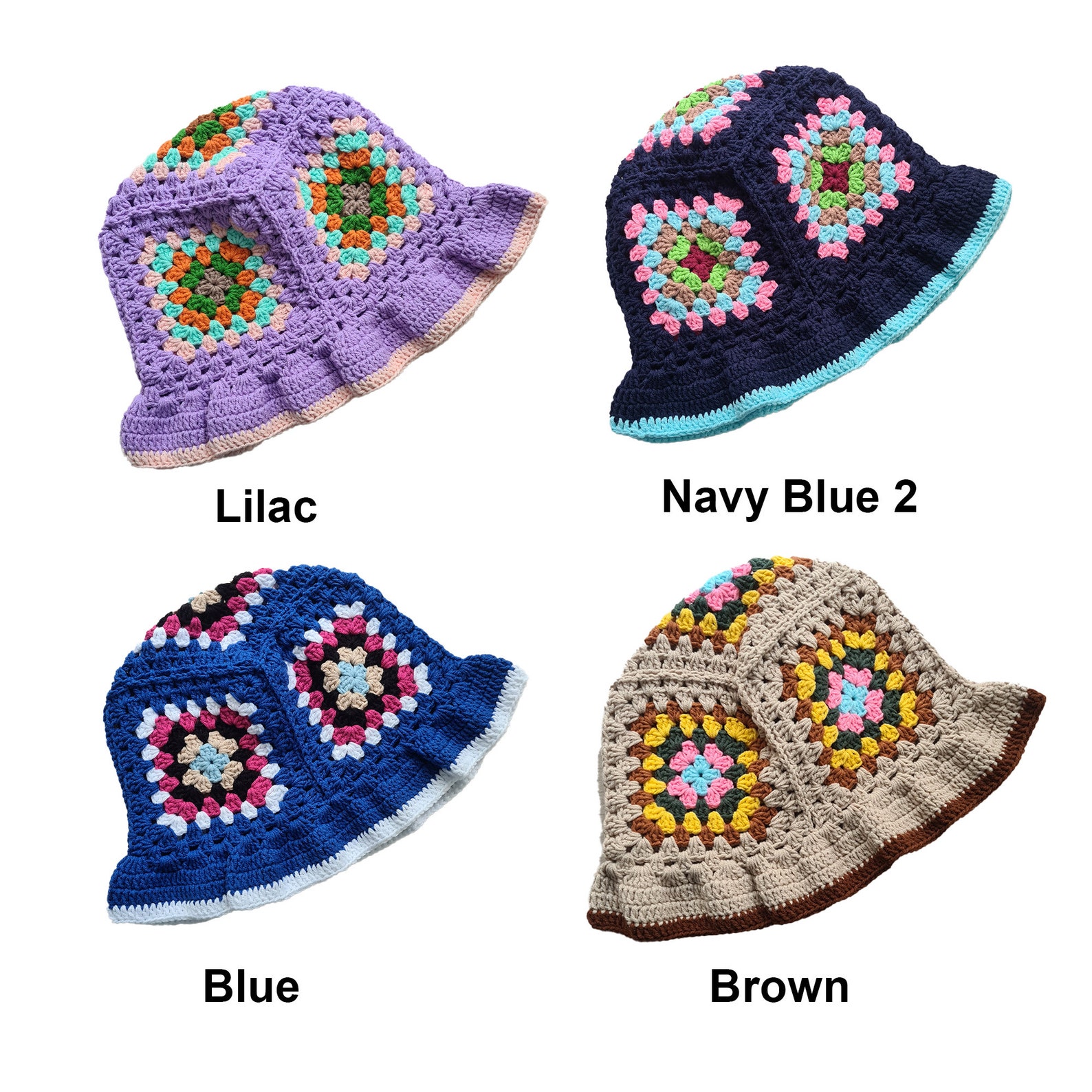 Granny Square Crochet Bucket Hat, Knitted Beanie, Colorful Hippi Hat ...