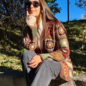 Brown Crochet Cardigan, Patchwork Jacket, Knitted Cardigan Women ...
