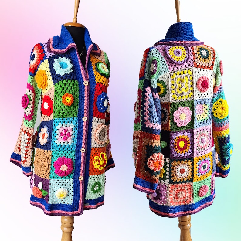 Crochet Flowers Patchwork Jacket, Granny Square Afghan Cardigan ...