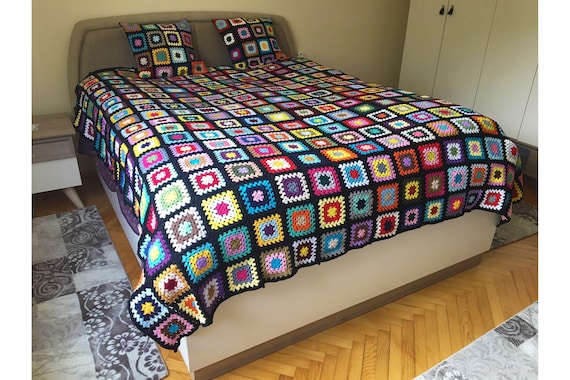 Crochet Bedspread Throw Queen Size Granny Square Afghan | Etsy