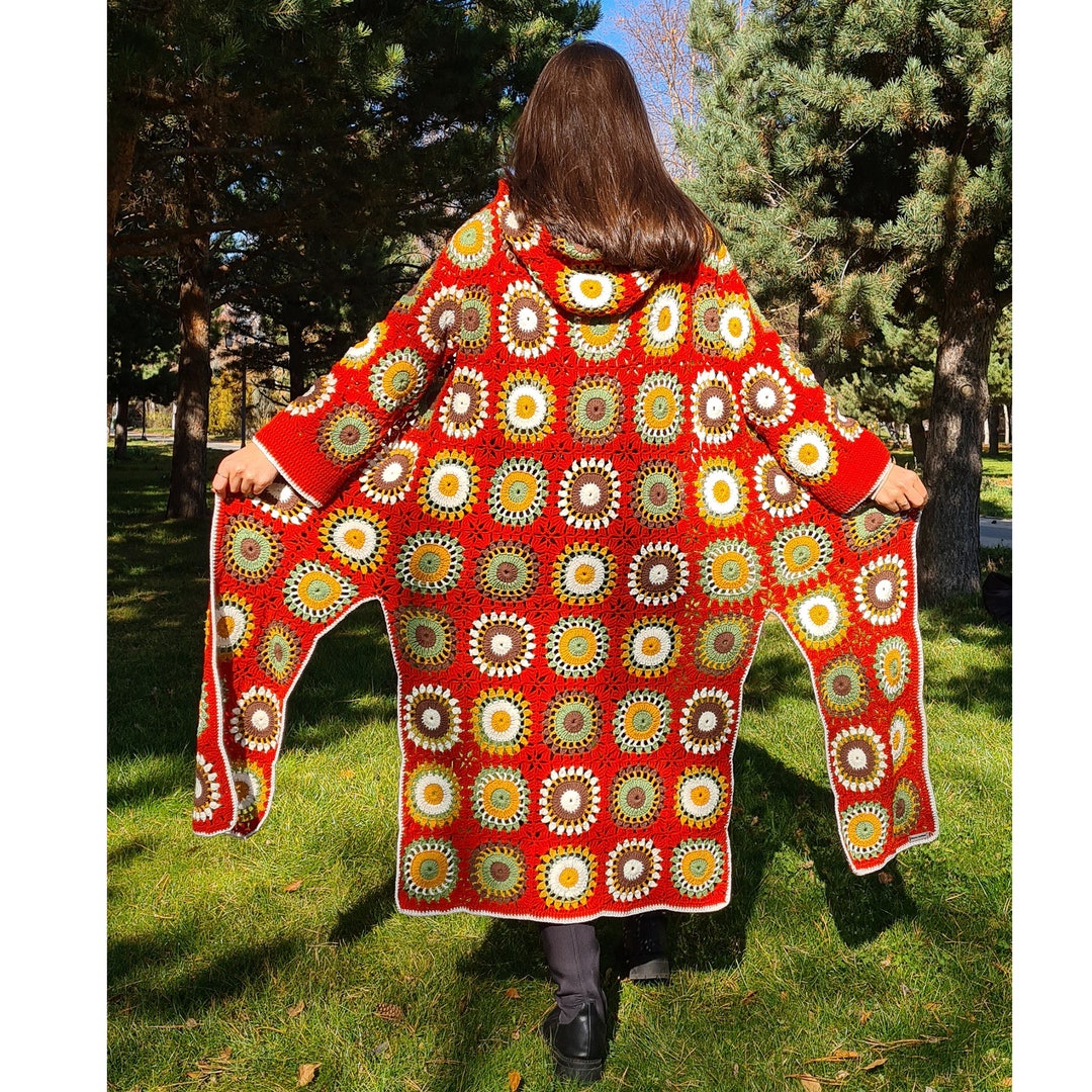 Long Red Grany Square Cotton Cardigan, Crochet Afghan Cotton Patchwork ...