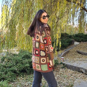 Brown Crochet Cardigan, Patchwork Jacket, Knitted Cardigan Women ...