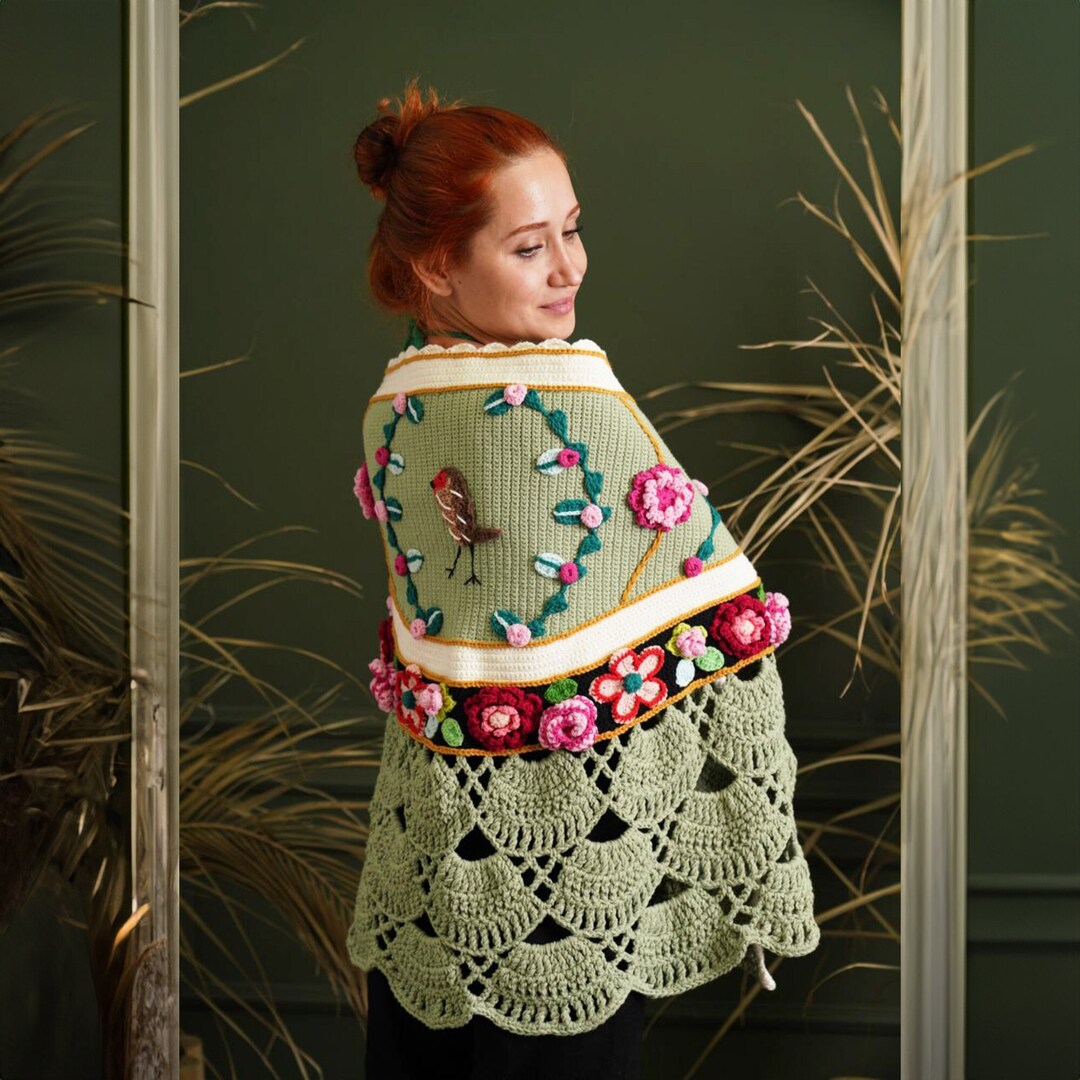 Green 3d Flowers Crochet Shawl, Knitted Birds Shawl, Women Knit Cotton ...