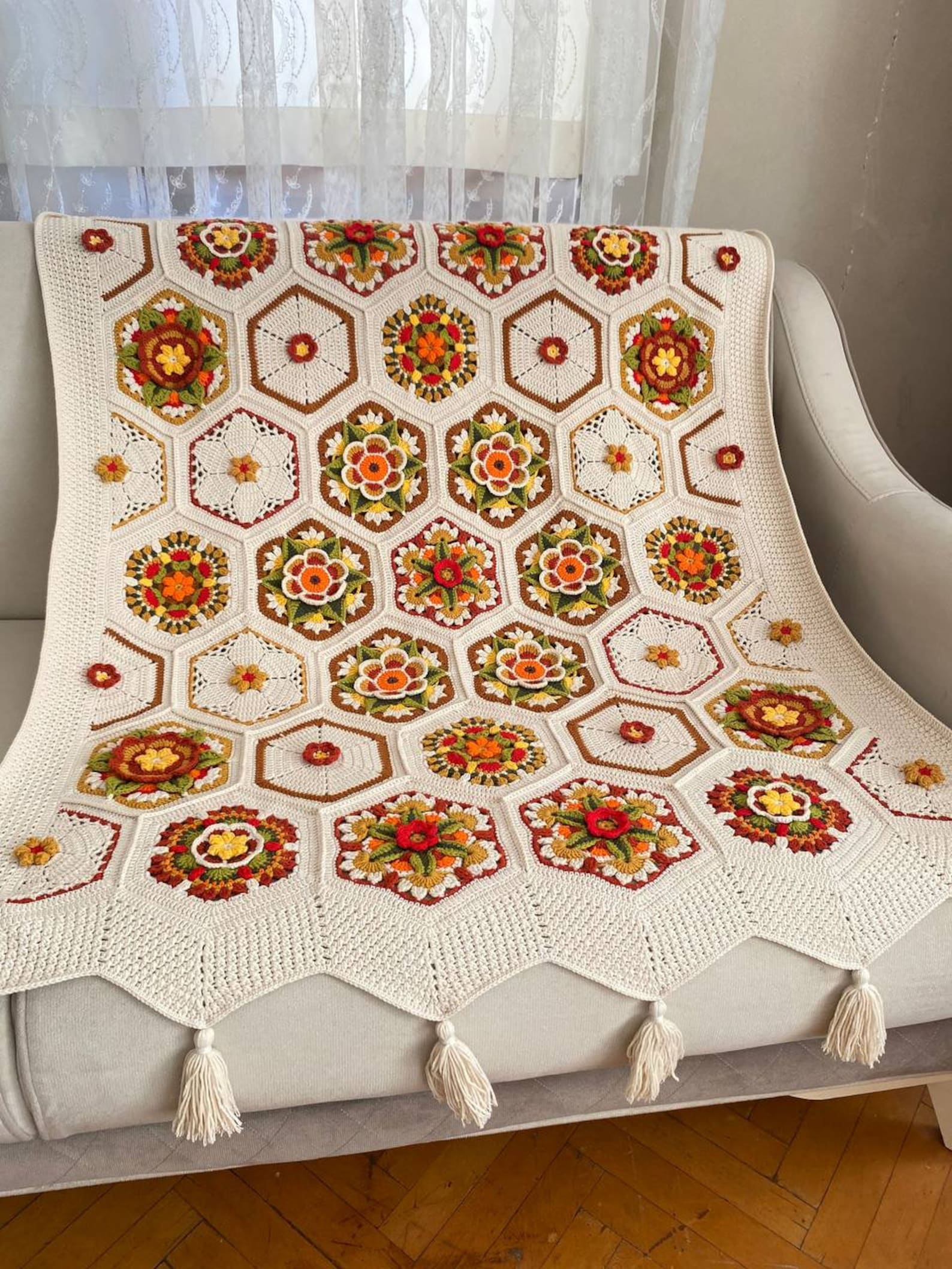 Bohem Color Crochet Frida Blanket, Knitted Sofa Blanket, Floral ...