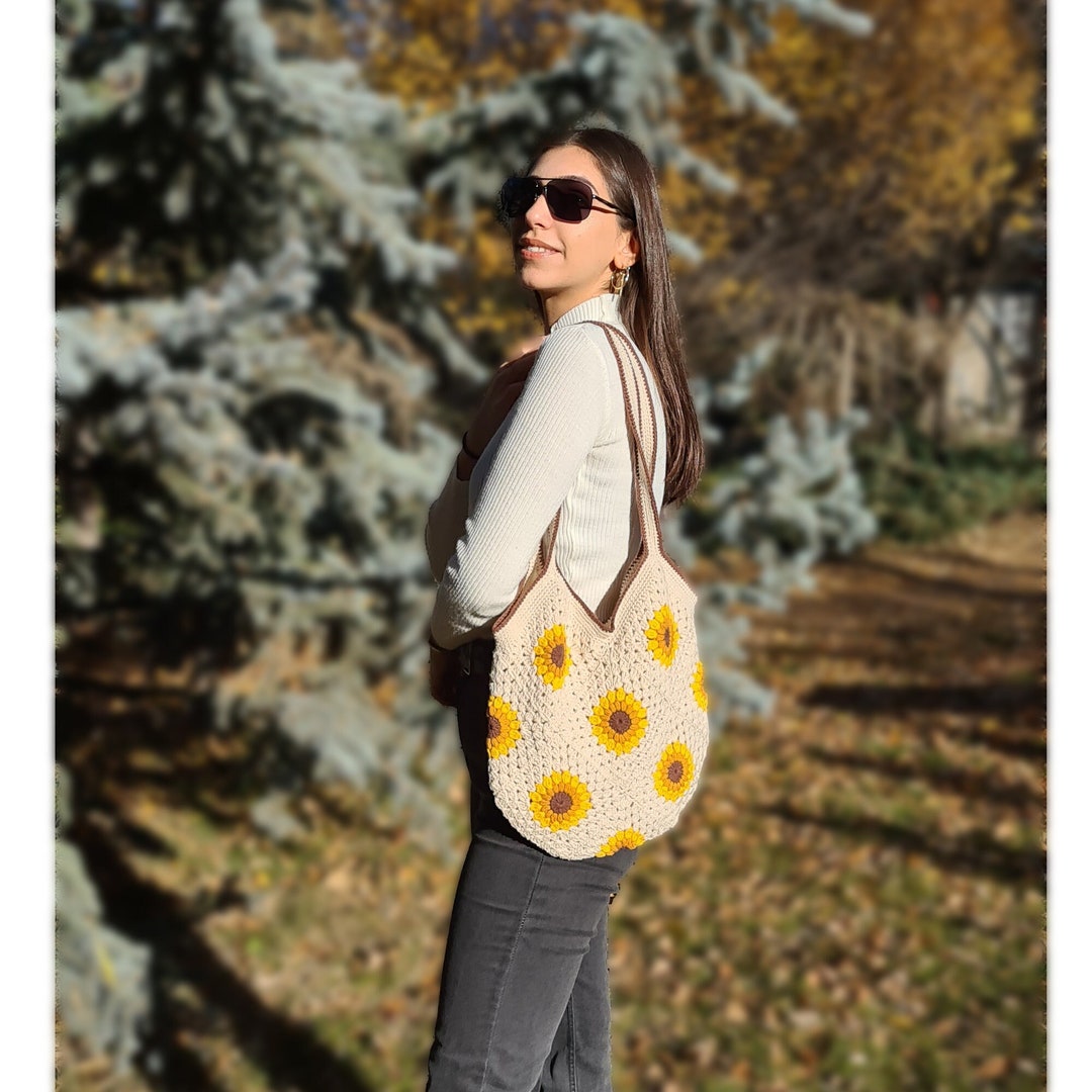Crochet Sunflower Ecru Bag, Crochet Mini Shoulder Bags, Floral Knit Bag ...