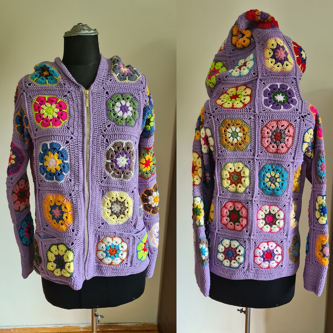 African Flowers Lilac Jacket, Knitted Floral Patchwork Jacket, Knitted ...