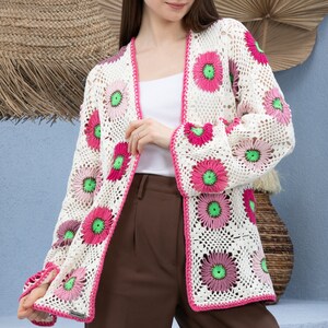 White Pink Crochet Kimono, Women Cotton Jacket, Knitted Floral Jacket ...