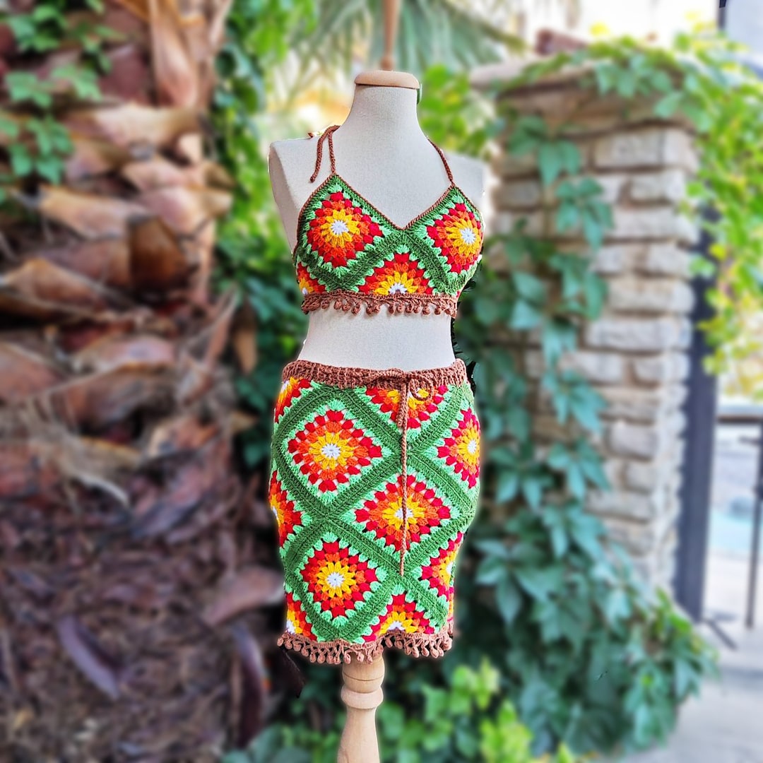 Green Knit Bikini Set, Boho Crochet Bikini, Crochet Swimsuit, Crochet Boho Festival Bikini Crop ...