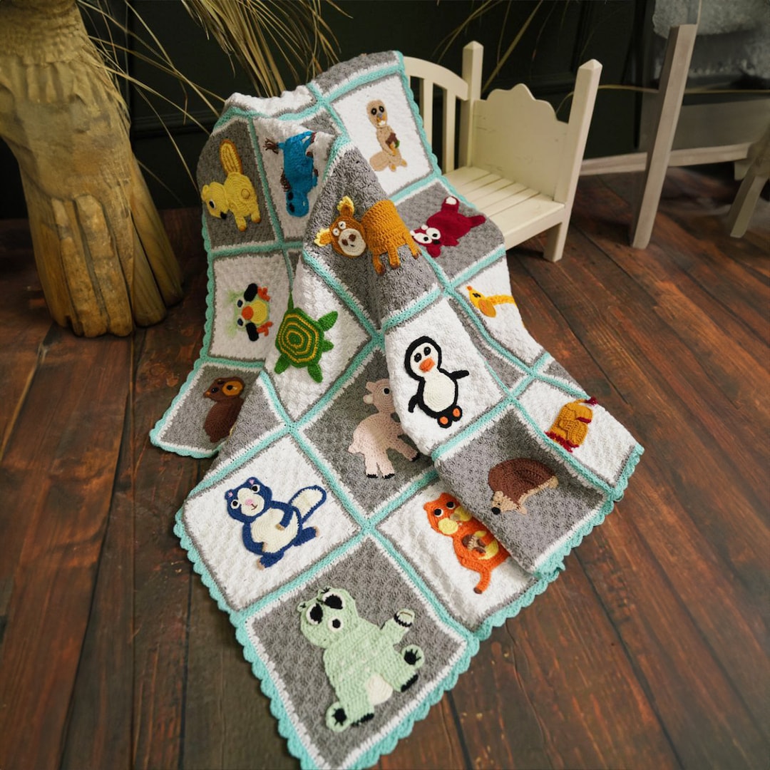 Knitted Animal Baby Blanket, Knit Animals Motif Blanket, Colorful Knit ...