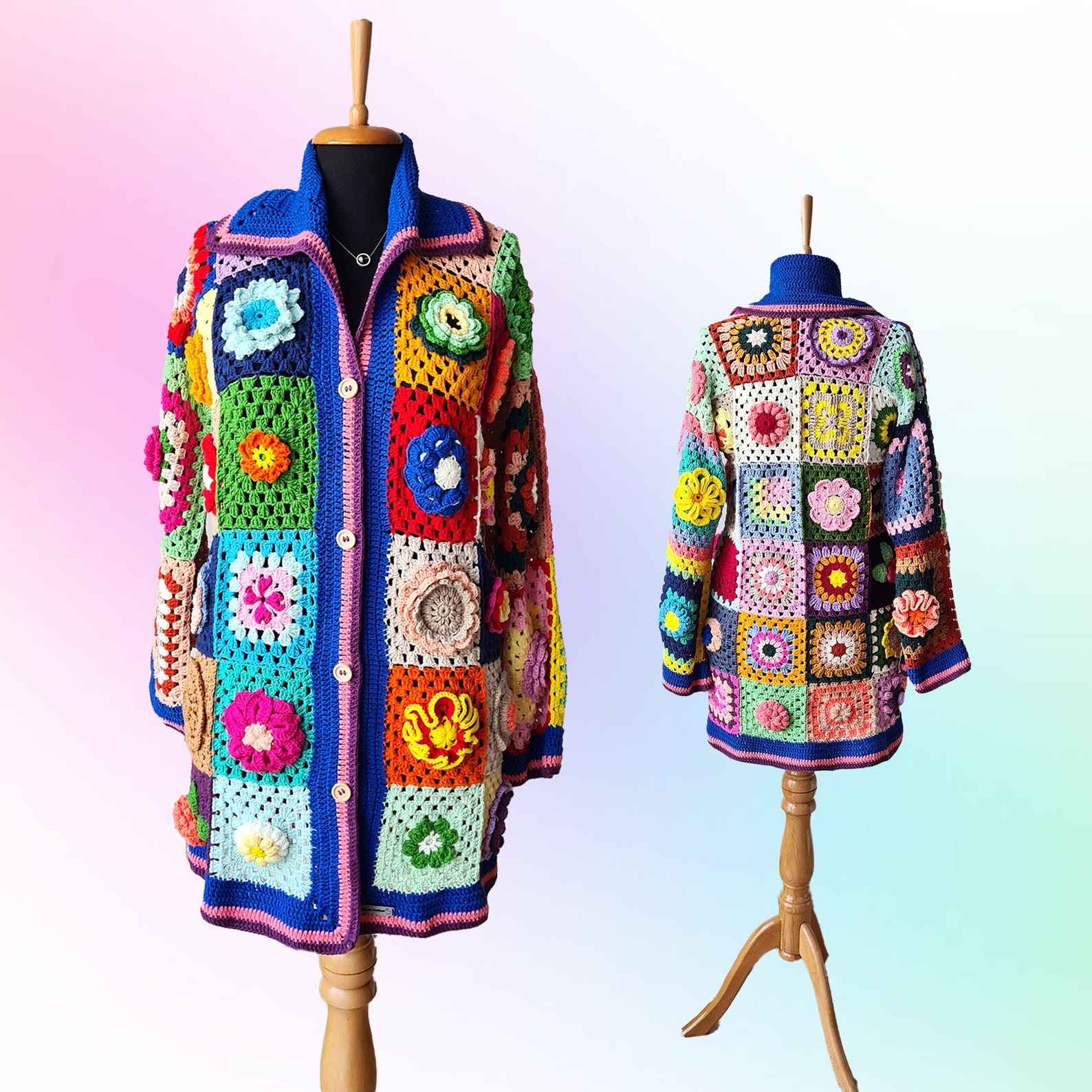 Crochet Flowers Patchwork Jacket, Granny Square Afghan Cardigan ...