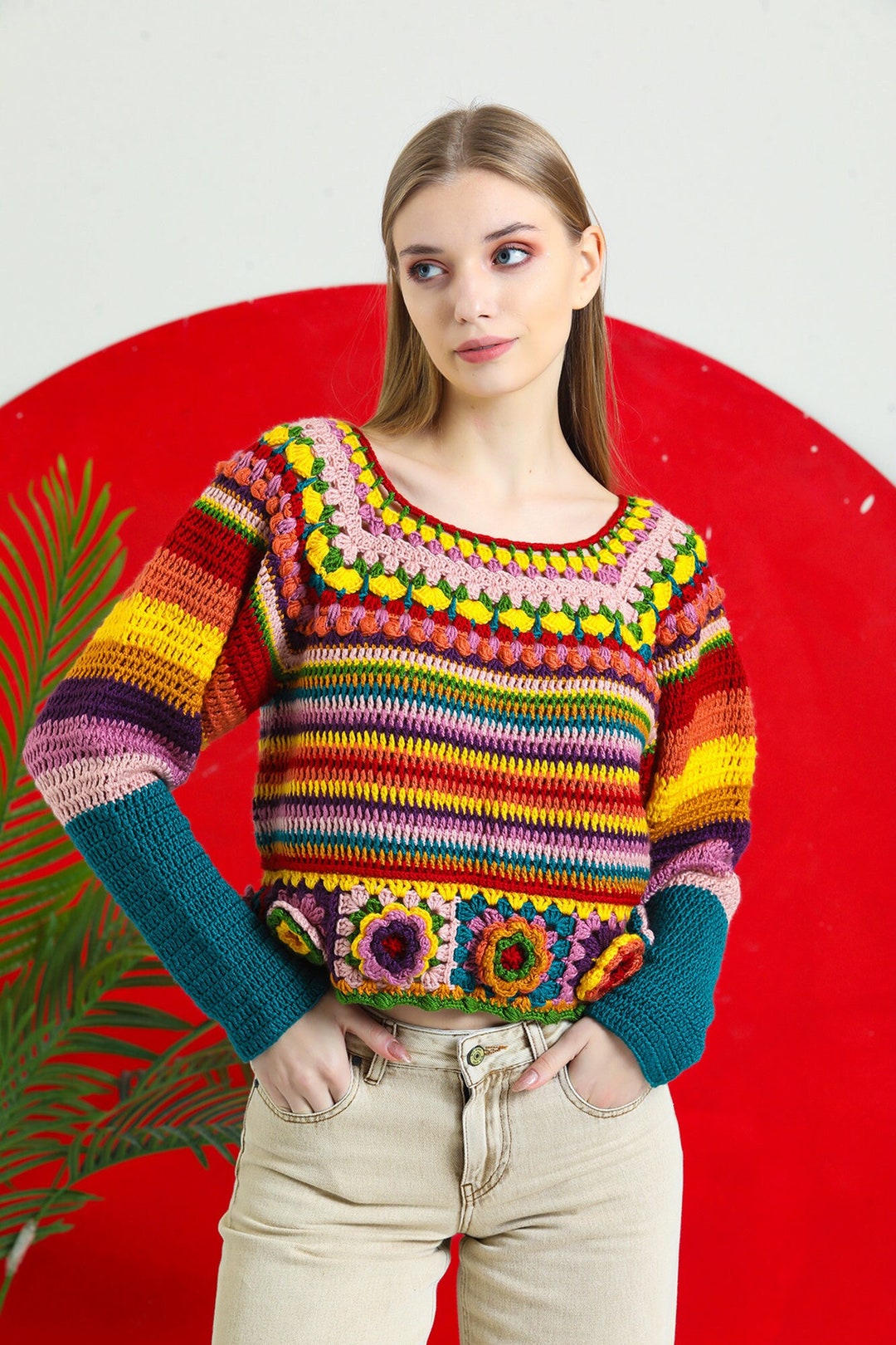 Colorful Daisy Knit Sweater, Crochet Floral Sweater, Crochet Flowers ...