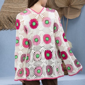 White Pink Crochet Kimono, Women Cotton Jacket, Knitted Floral Jacket ...