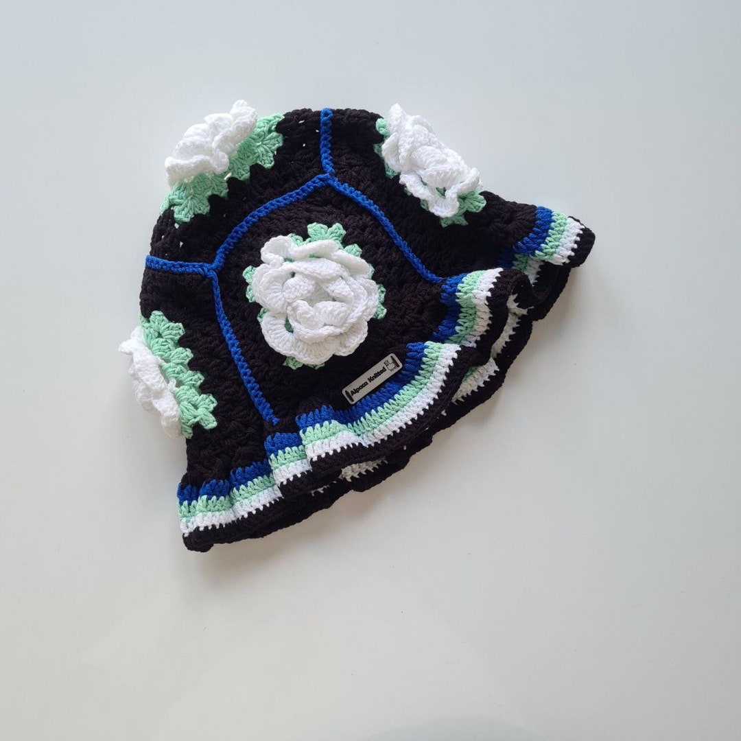 Black and White Crochet Bucket Hat, Adult Crochet Rose Hat, Knitted ...