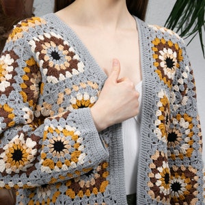 Gray Cotton Patchwork Cardigan, Afghan Cardigan Granny Square, Knitted ...