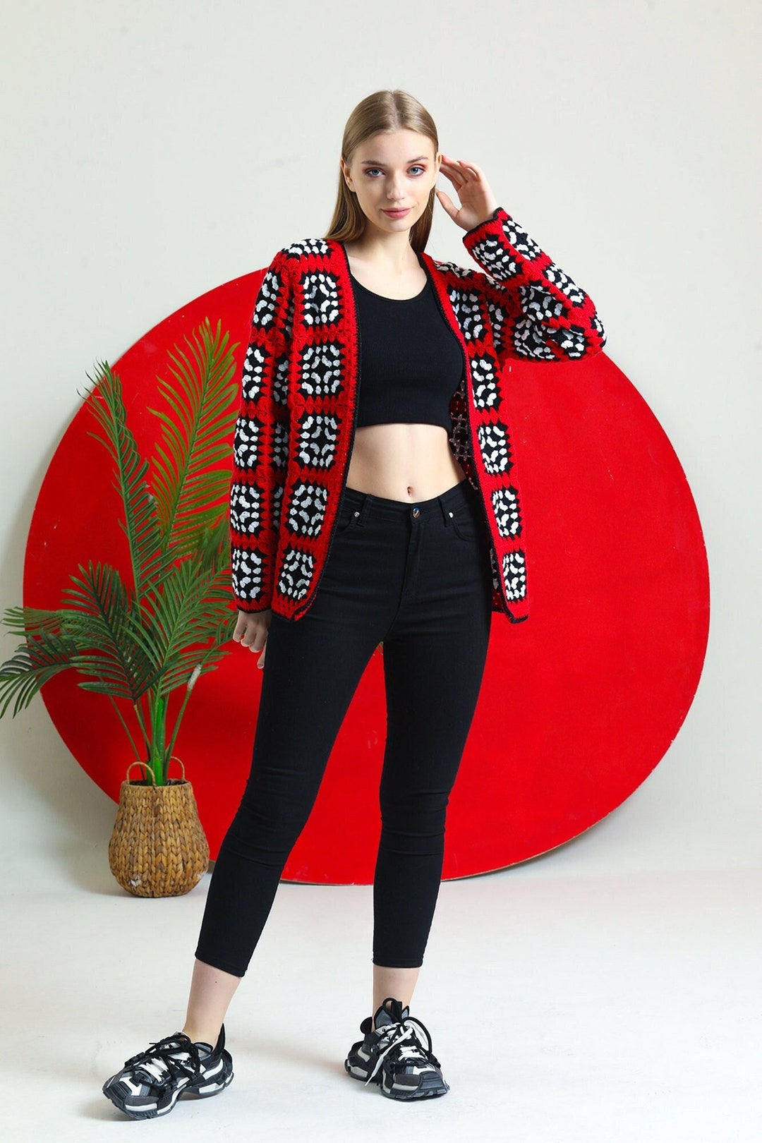 Ready to Ship Red Crochet Cardigan, Granny Square Patchwork Jacket ...