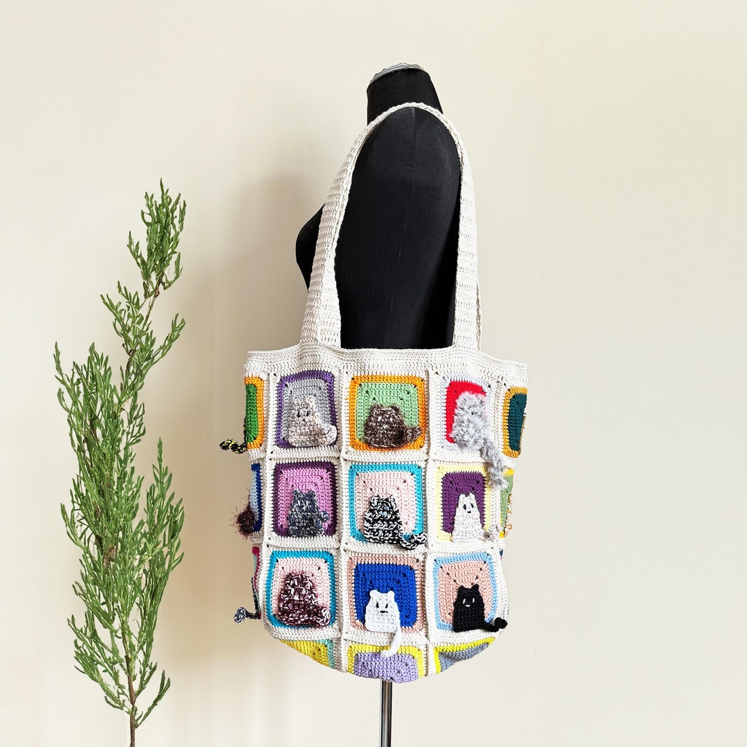 Knitted Cat Bags, Cat Design Purse, Cat Shopping Bag, Crochet Shoulder ...