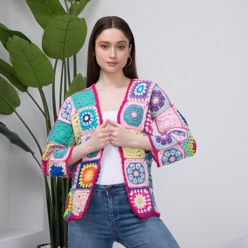 Ready to Ship Crochet Knit Woman Jacket, Pink Knitted Patchwork Jacket ...