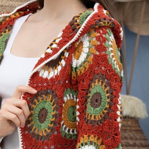 Long Red Grany Square Cotton Cardigan, Crochet Afghan Cotton Patchwork ...