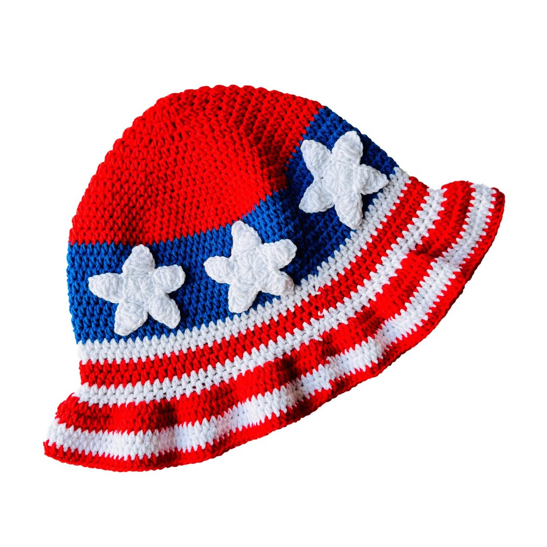 USA Crochet Country Flag Bucket Hat, Knitted Country Summer Knit Hat ...