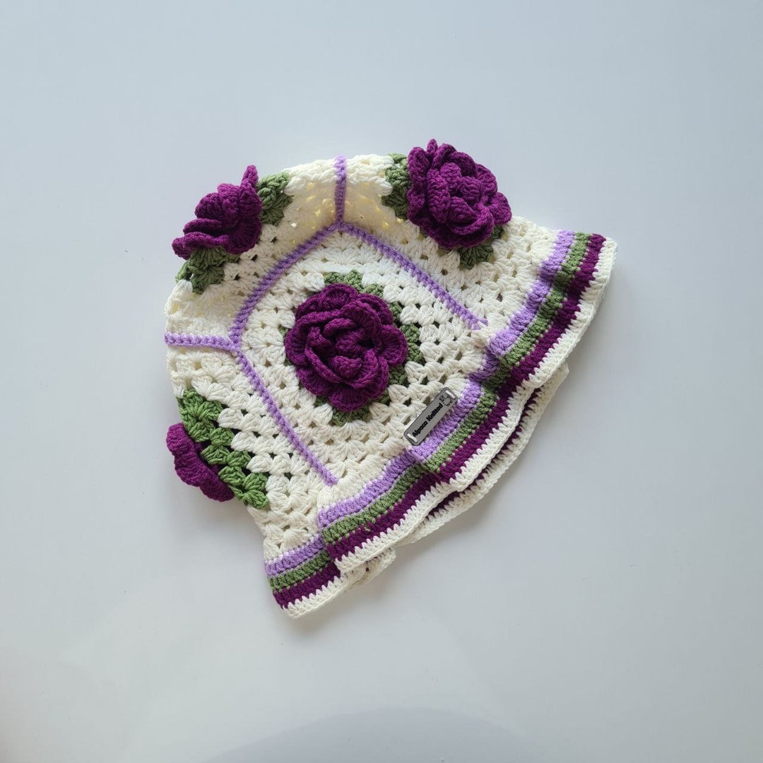 Ready to Ship White Crochet Rose Hat, Knitted Rose Bucket Hat, Knit ...