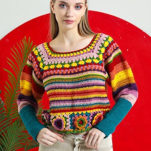 Colorful Daisy Knit Sweater, Crochet Floral Sweater, Crochet Flowers ...