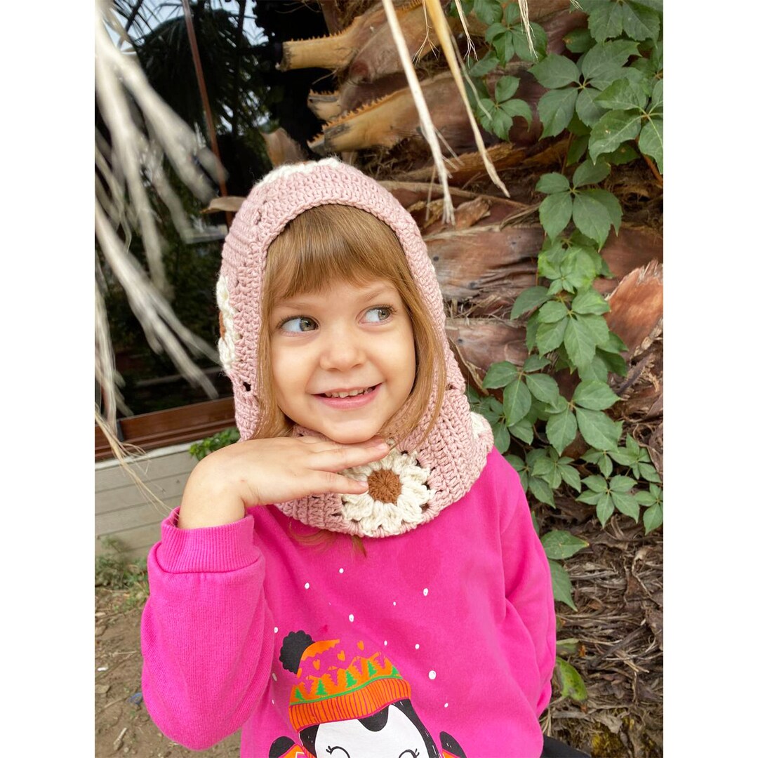 Pink Crochet Kids Balaclava, Floral Knitted Kids Balaclava, Baby Girl ...