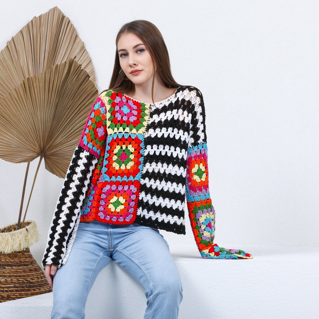 Colorful Crochet Sweater, Patchwork Knit Sweater, Knitted Sweater for ...