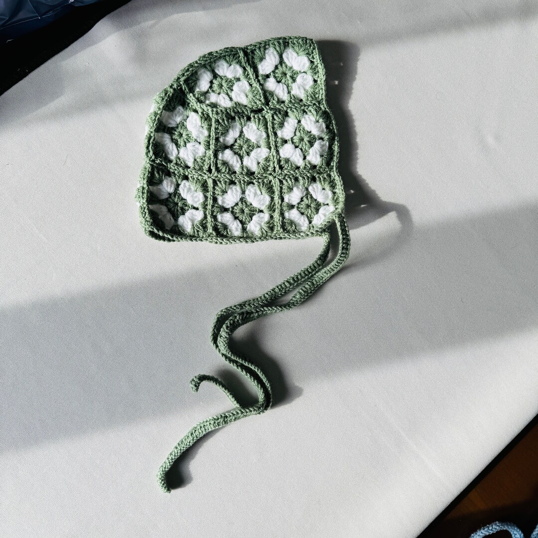 Green Knitted Bonnet, Hand Knitted Adult Bow Tie Bonnet, Bohemian ...
