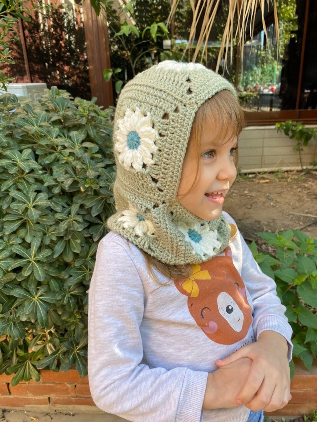 Green Knitted Kids Balaclava, Floral Knitted Kids Balaclava, Baby Girl ...