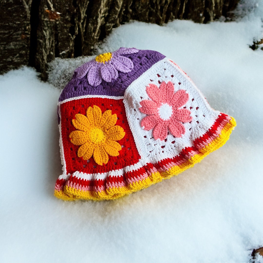 Crochet Colorful Bucket Hat, Knitted Bucket Hat, Knitted Flower Bucket ...