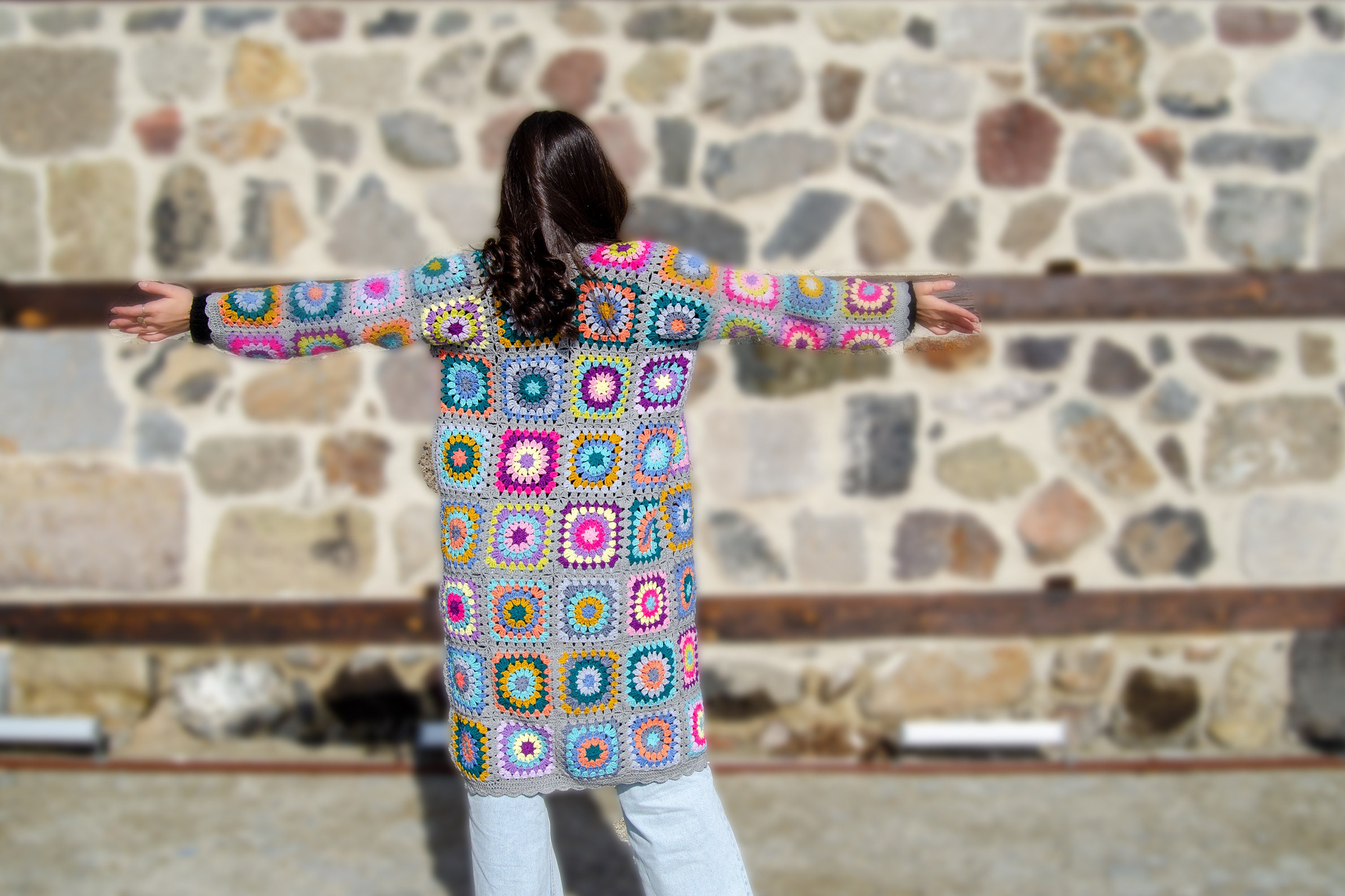 Long Gray Granny Square Afghan Women Cardigan, Gray Patchwork Cotton ...