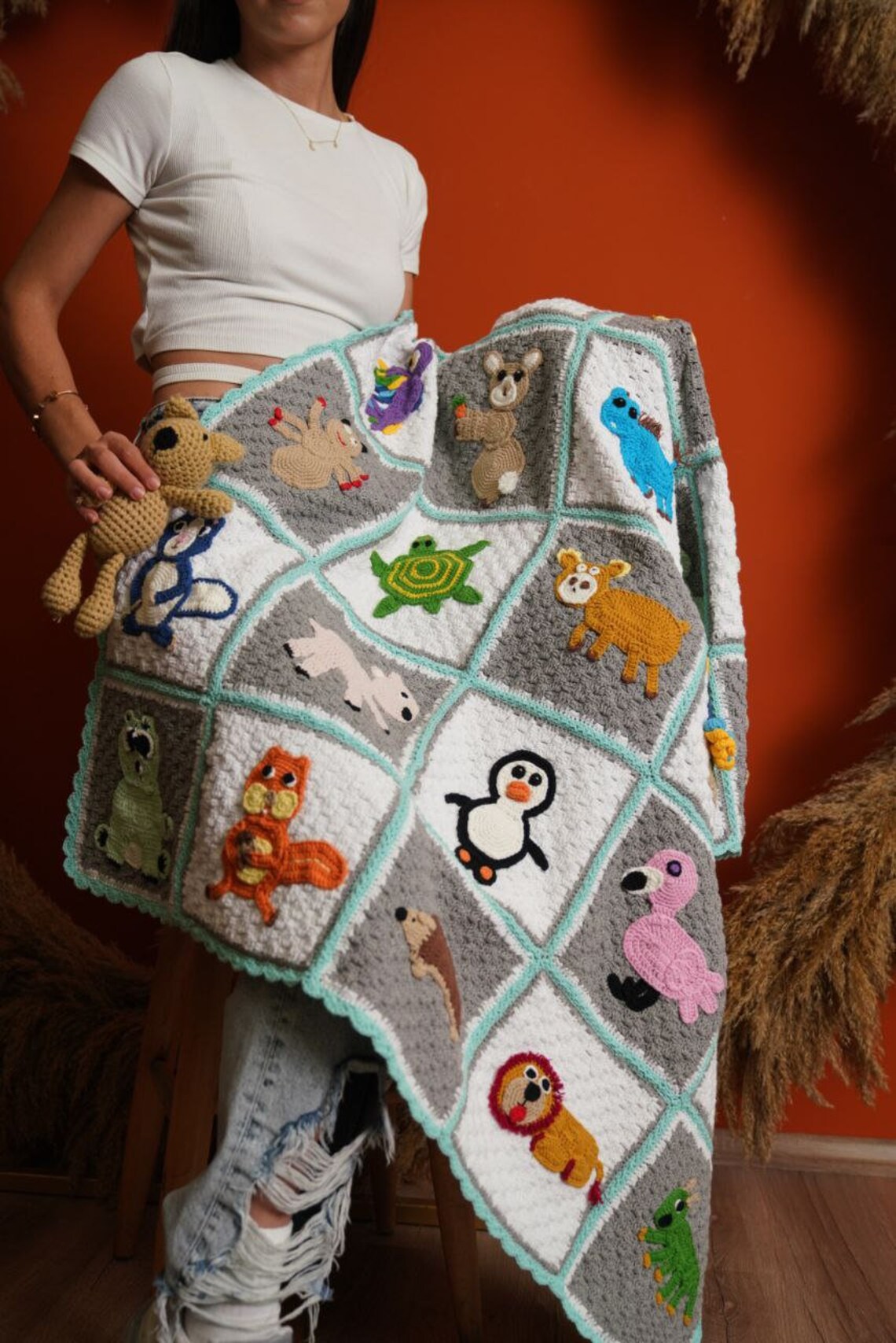 Knitted Animal Baby Blanket, Knit Animals Motif Blanket, Colorful Knit ...