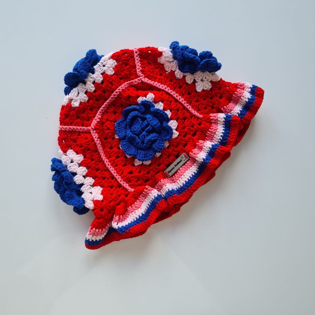 Ready to Ship Red Crochet Rose Hat, Knitted Rose Bucket Hat, Knit ...