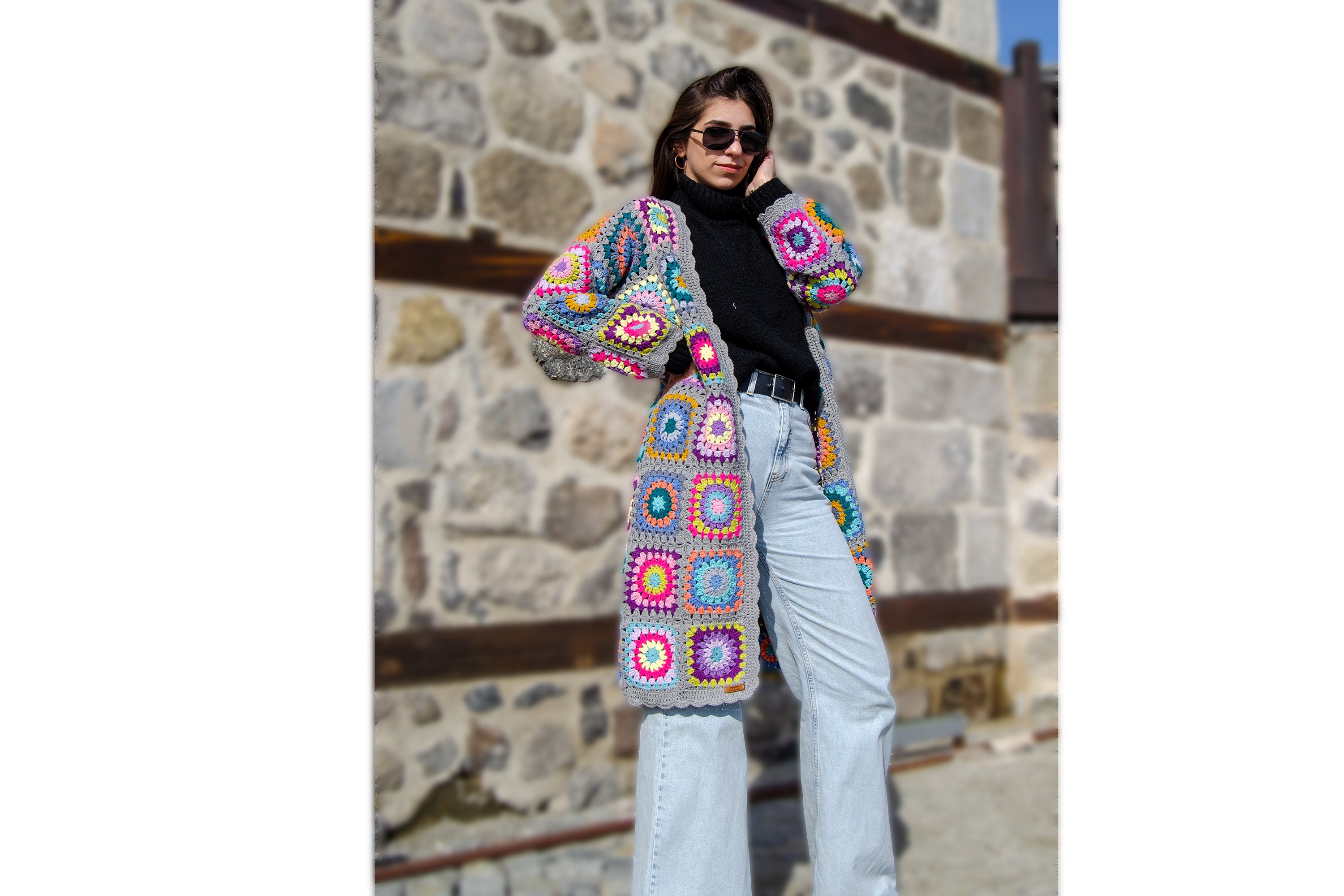 Long Gray Granny Square Afghan Women Cardigan, Gray Patchwork Cotton ...