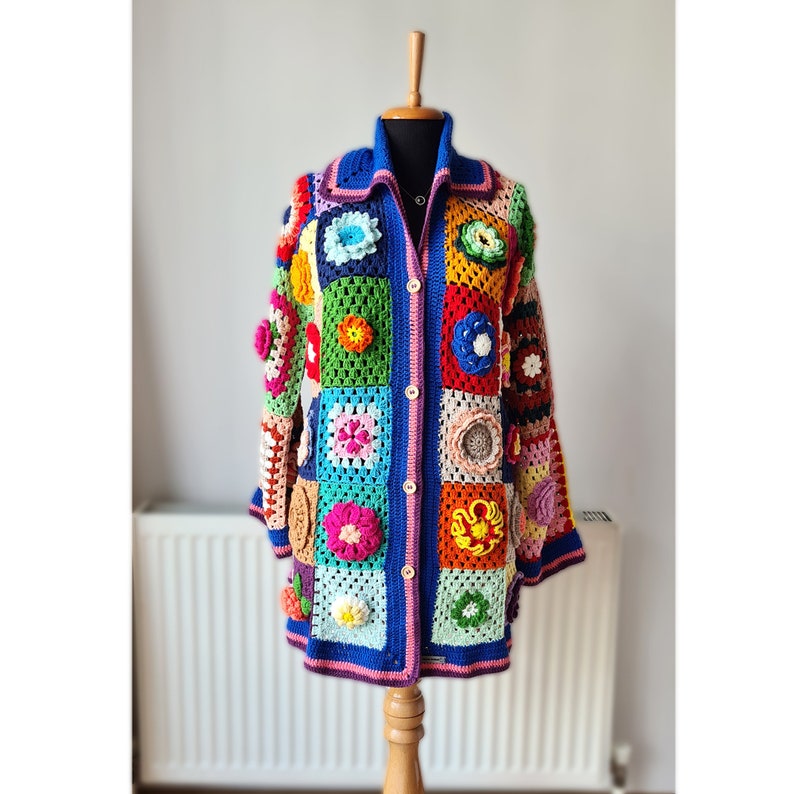 Crochet Flowers Patchwork Jacket, Granny Square Afghan Cardigan ...