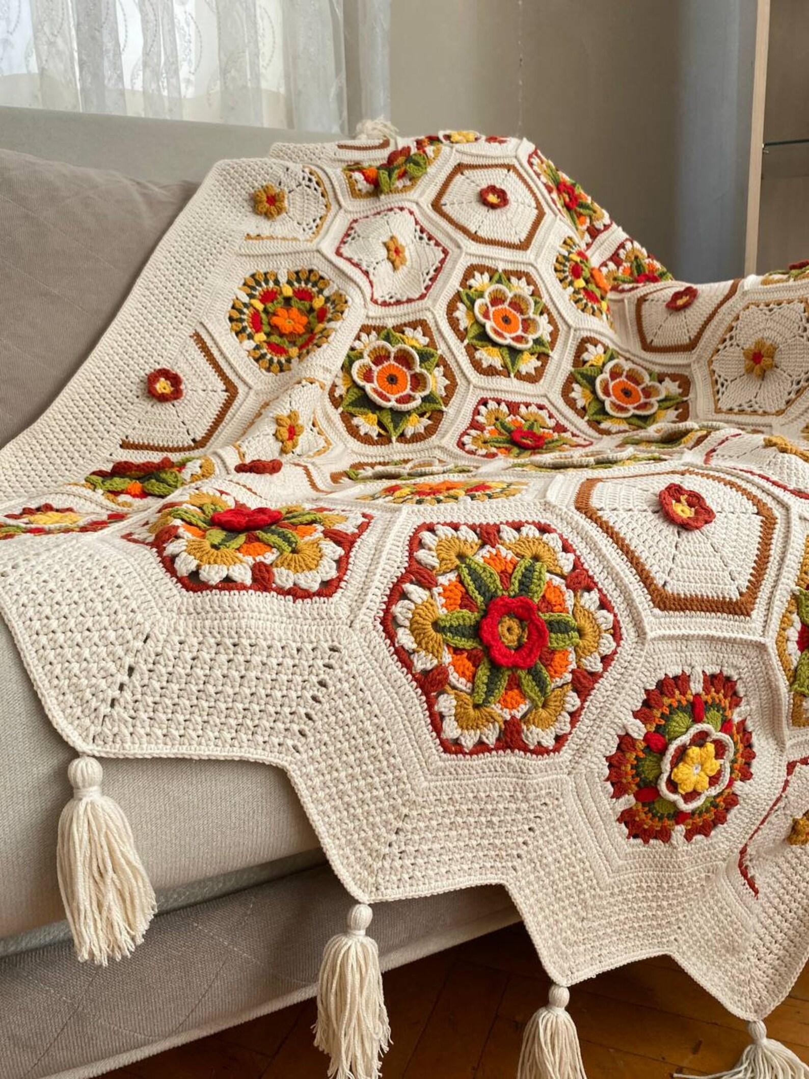Bohem Color Crochet Frida Blanket, Knitted Sofa Blanket, Floral ...