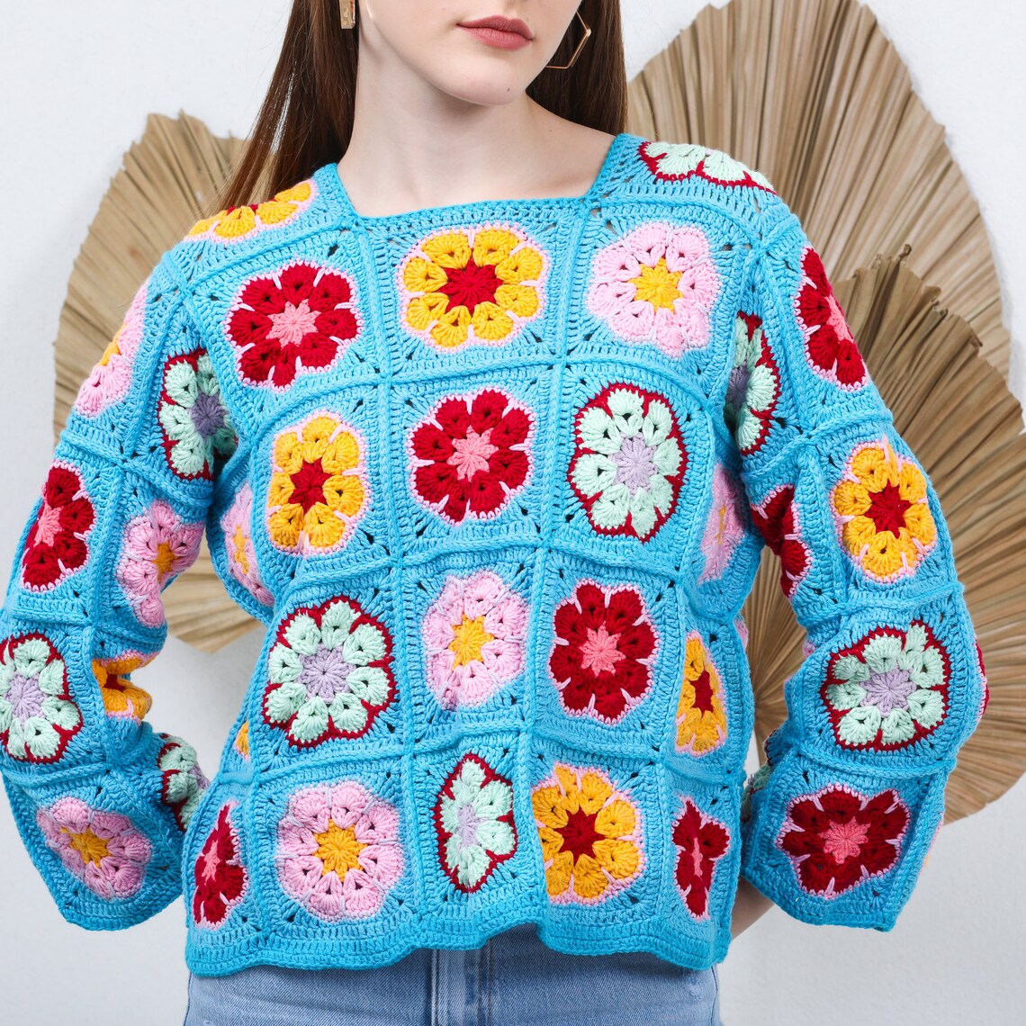 White Crochet African Flower Sweater, Crochet Daisy Top, Knit Granny ...