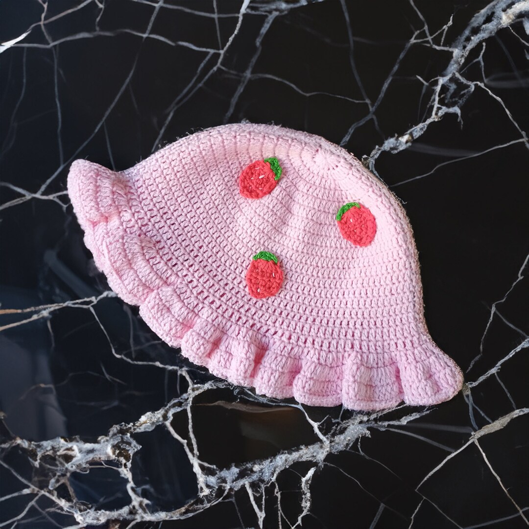 Pink Strawberry Knitted Bucket Hat, Crochet Strawberry Hat, Hand Made ...