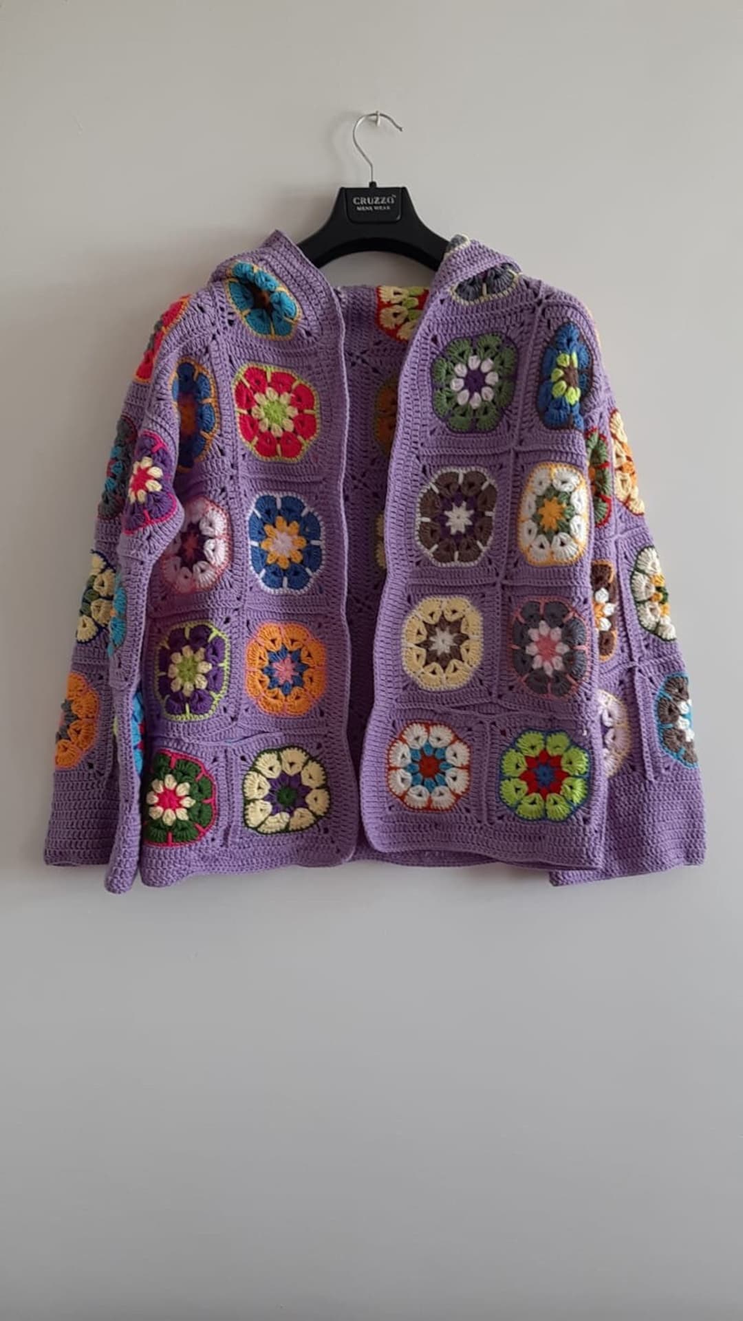 African Flowers Lilac Jacket, Knitted Floral Patchwork Jacket, Knitted ...